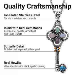 Shop LC Key Necklace ION Plated Stainless Steel & Yellow Gold - Key Pendant with Rose Quartz, Amethyst, Aventurine, Opalite & Howlite Mixed Gemstones - 20" Chain Length Costume Jewelry for Women