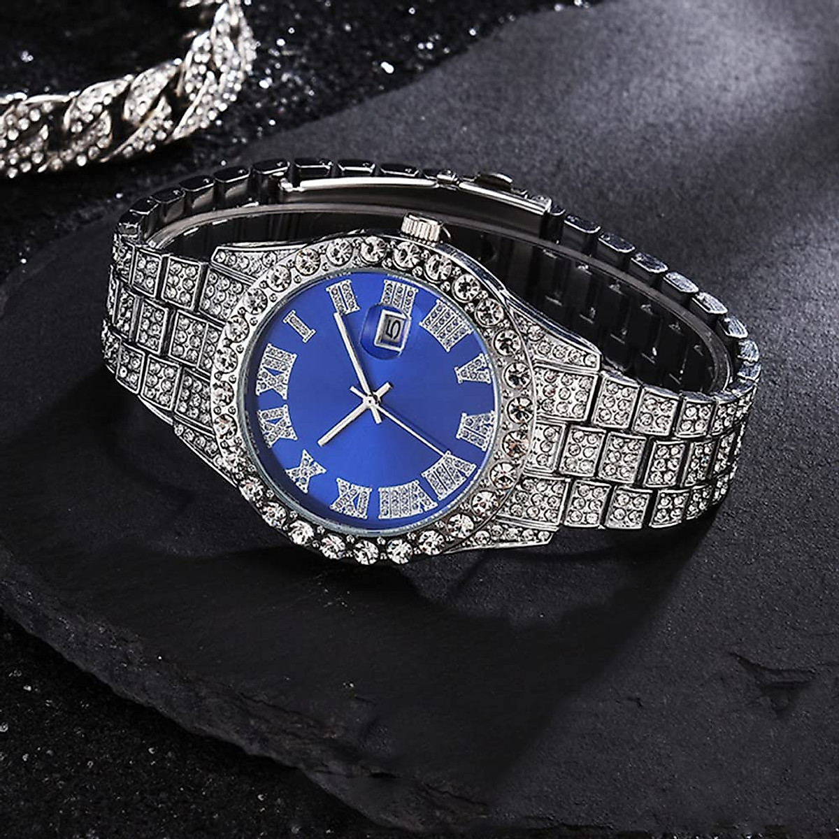 HUNRUY Hip Hop Watches for Men Iced-Out Bling Diamond Luxury Quartz Watches with Date (42mm Silver Blue)