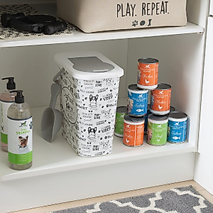 Pounce + Fetch 3 Gallon Pet Dry Food Container with Scooper | Dog Food Organizer | Helps Organize Pantry and Cabinets | Dog & Puppy Print Design | Carrying Handle | Flip Top Lid,White