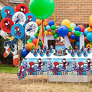 Spidey and His Amazing Friends Birthday Decorations, Party Supplies Set Include Banner, Backdrop, Balloons, Hanging Swirls, Cake Cupcake Toppers, Tablecloth for Boys Girls Spidey Theme Party
