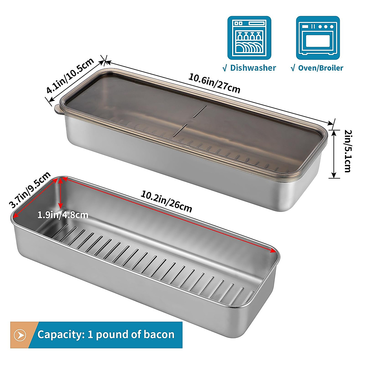 Sanbege 2 Pcs Bacon Containers with Airtight Lids, 304 Stainless Steel Deli Meat Keeper, Stackable Food Storage Boxes for Refrigerator, Saving Lunch Ham, Spaghetti, Asparagus, Celery