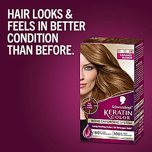 Schwarzkopf Keratin Color Permanent Hair Color, 7.5 Caramel Blonde, 1 Application Professionally Inspired Permanent Hair Dye for up to 80% Less Breakage vs Untreated Hair and up to 100% Gray Coverage
