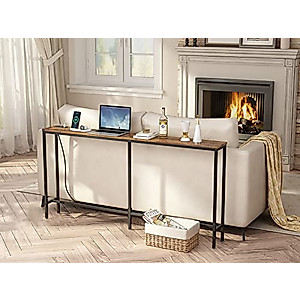 SUPERJARE Console Table with Outlet, 63 Inch Sofa Table with Charging Station, Narrow Entryway Table, Skinny Hallway Table, Behind Couch Table, for Living Room, Plants - Rustic Brown
