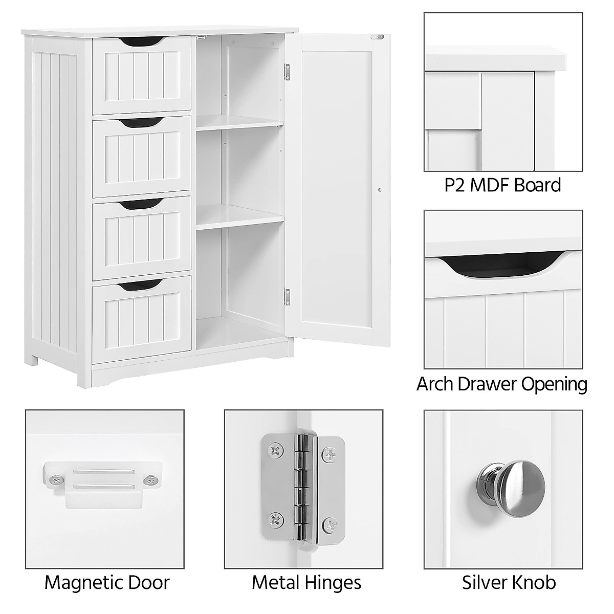 Yaheetech Large Bathroom Floor Cabinet with 4 Dawers and Single Door Cabinet, Freestanding Storage Cabinet Organizer for Bathroom Living Room Hallway, White, 26 x 14 x 35.5 in