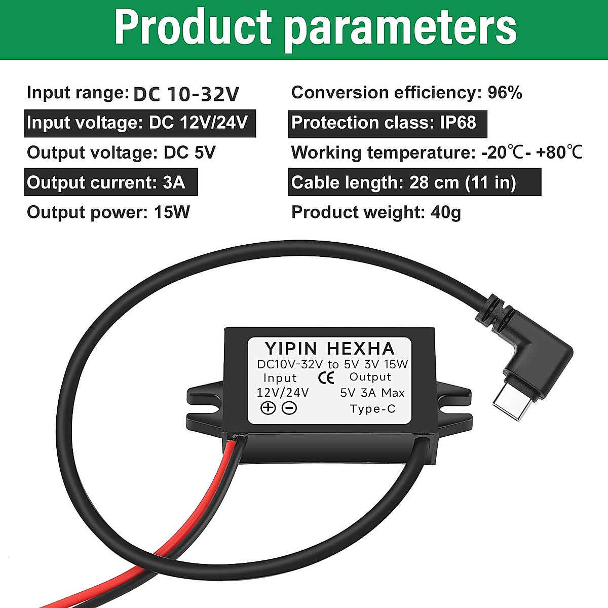YIPIN HEXHA DC 24V/12V to 5V USB Type-C Right Angle Step Down Converter Output 3A 15W Buck Module Power Adapter, Compatible with Raspberry Pi 4, Mobile Phones