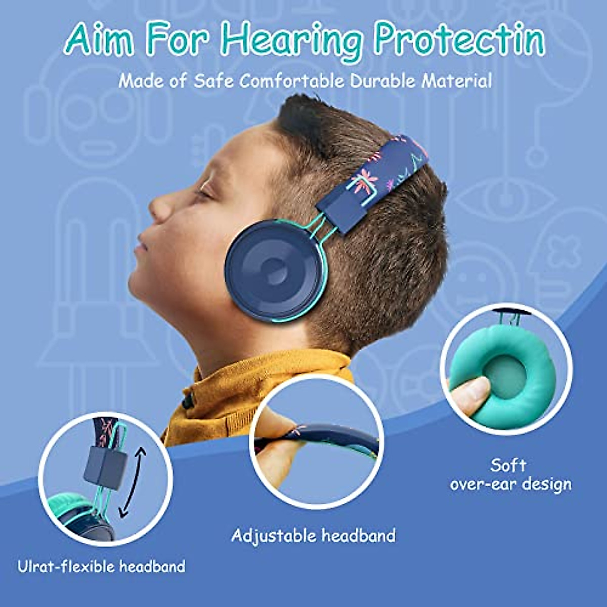 BASEMAN Kids Headphones, Headphones for Boys Girls Children Teens 3.5mm Jack Wired On Ear Headset 85dB Volume Limit Stereo Earphones with Microphone for Smartphones School Kindle ipad PC Tablet - Blue