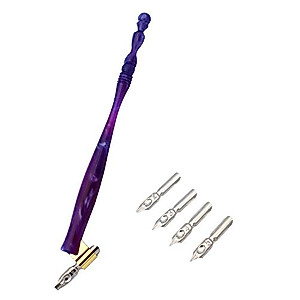 Xiaoyu Calligraphy Oblique Nib Pen Holder, English Calligraphy Pen Nib Holder, Resin Dip Pen Handle Nib Holder with 5 Flat Nibs, Blue and Pruple