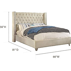 Meridian Furniture Aiden Collection Modern | Contemporary Velvet Upholstered Bed with Deep Button Tufting, Solid Wood Frame, and Custom Chrome Legs, Full, Cream