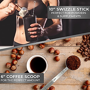 Stainless Steel Coffee Spoons - Beverage Mixing Spoons - Includes Long Iced Tea Stirring Spoon, Small Cocktail Stirrer, Blender Ball Swivel Stick, Coffee Scoop & Bag