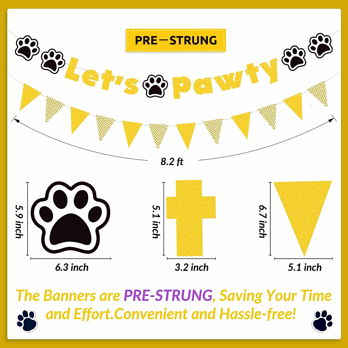Pre-Strung Dog Birthday Party Supplies, Let’s Pawty Banner Sign, Puppy Dog Paw Birthday Decorations Backdrop, Golden Happy Birthday Decor Pennants Banner Kit for Pet Dog Boy Girl, Vicycaty