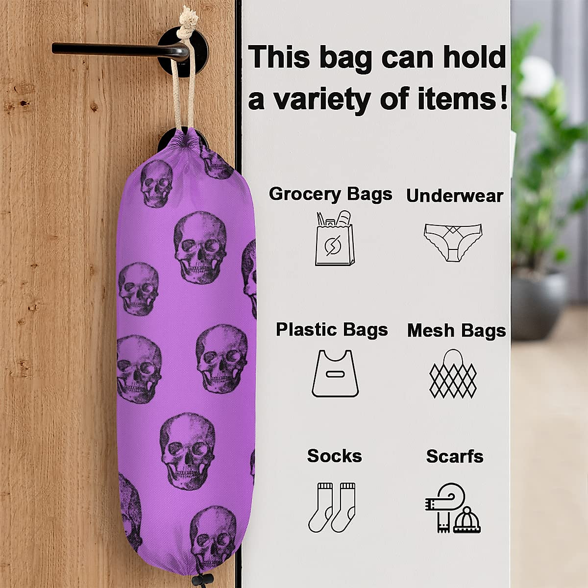 Skull Purple Plastic Bag Holder Cute Wall Mount Plastic Bag Organizer Reusable Large Grocery Bag Storage Dispenser for Home Kitchen Travelling 22"x9"