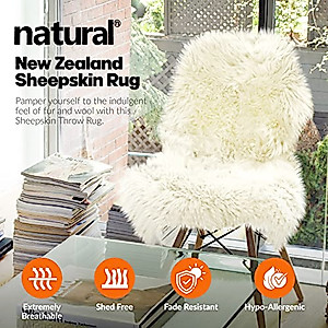 Natural Sheepskin Rug with Thick and Lush 2.5 Inch Pile | Fluffy, Hypoallergenic Sheep Fur Rug with Anti-Skid Back | 2 x 3 ft Small Sheepskin Wool Area Rugs, Natural
