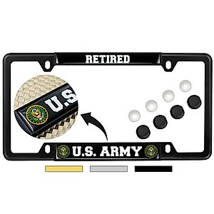 [Officially Licensed Product] - U.S. Army Retired - Domed Custom-Made Personalized Narrow (Thin) Top 4 Hole Metal Car License Plate Frame with Free caps - Black (Quantity: 1 Frame)