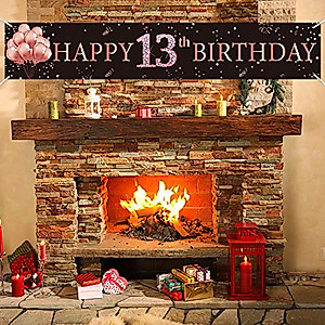 Kauayurk 13th Birthday Banner Decorations for Girls, Large Happy 13 Year Old Birthday Party Decorations Supplies Sign, Rose Gold Thirteen Birthday Decor Photo Prop (9.8x1.6ft)
