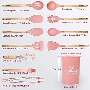 VIVAYO Silicone Cooking Utensil Kitchen Utensils Set, 12 Pieces Silicone Kitchen Utensil Wooden Handles, Kitchen Spatula Sets with Holder Spoon Turner Tongs, Pink