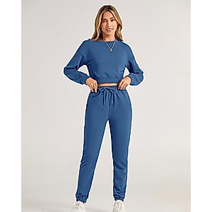 BTFBM Women 2 Piece Outfits 2023 Long Sleeve Crop Tops Tracksuit Drawstring Pant Jogger Set Casual Sweatsuits Pullover(Solid Lake Blue, Medium)