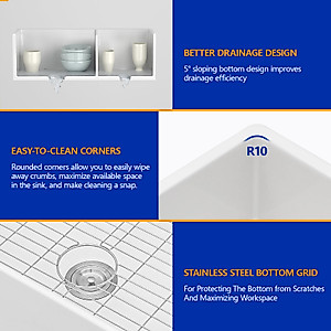 33 Farmhouse Sink Double Bowl, Dcolora 33 Inch Farm Kitchen Sink Apron Front Double Bowl 60/40 White Fireclay Ceramic Farm Kitchen Sink Basin (33"x21"x10")