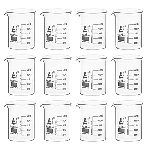 EISCO 12PK Beakers, 150mL - Low Form with Spout - White, 25mL Graduations - Borosilicate 3.3 Glass