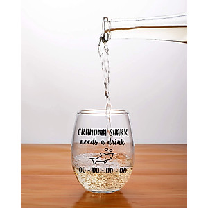 Grandma & Grandpa Shark Needs a Drink Do Do Do Do Funny Novelty Stemless Wine Glass with Sayings - Gifts for Grandparents - Birthday, Christmas, Mothers Day, Father's Day Gifts - 2 Pack (15oz)