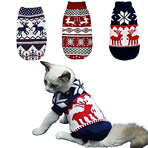 CooShou 3Pcs Christmas Dog Sweater Costume Xmas Cat Knitwear Clothes Navy Blue White and Christmas Red Sweaters with Reindeers Snowflakes Pattern for Kitten Cat Puppy Dog XS