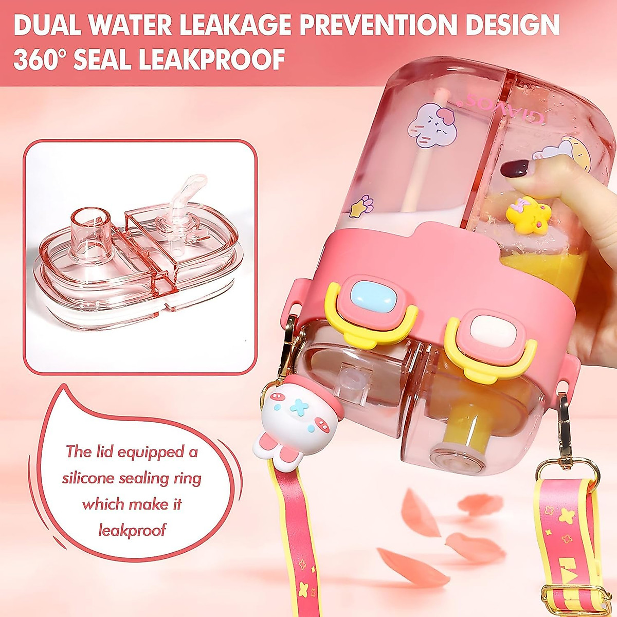 HiGropcore Kawaii Water Bottle Cute Water Bottles with Straw, Double Chamber Water Bottle with Adjustable Strap and Kawaii 3D Stickers, Portable Leakproof Water Jug, 26oz