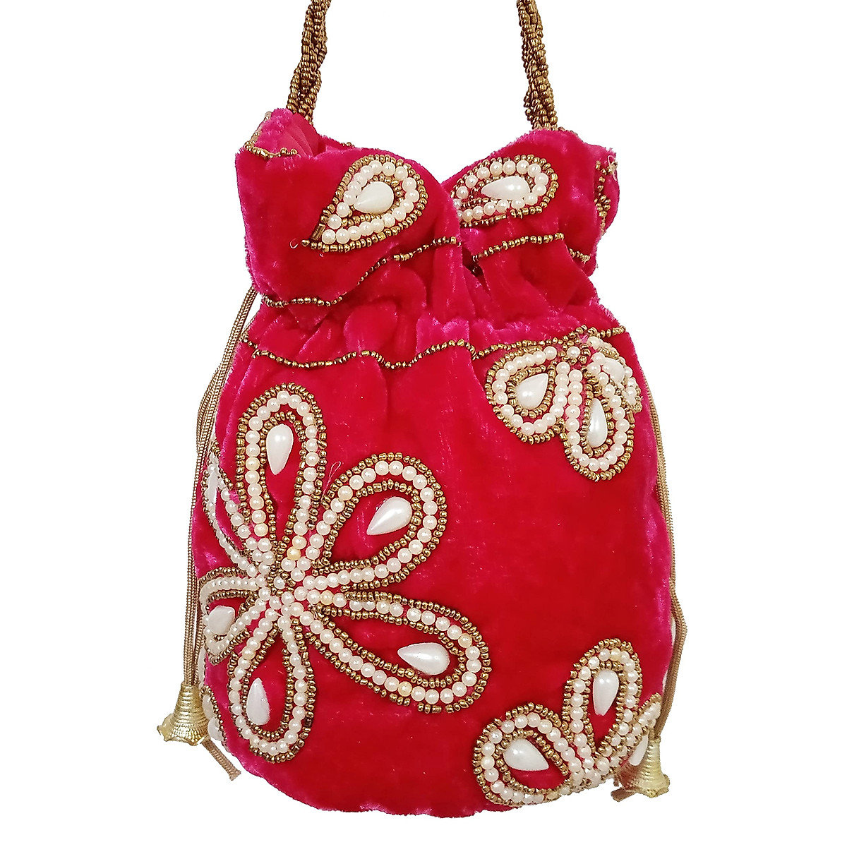Purpledip Chenille Potli Bag (Clutch, Drawstring Purse): Intricate Bead Work Satchel Handbag, Pink (12396D)