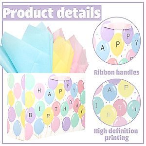 Pastel Birthday Gift Bags 10 x 13 Large Pastel Rainbow Paper Gift Wrap Bag with Tissue Paper Happy Birthday Gift Bags with Handles for Girls Birthday Wedding Baby Shower Party Supplies, 2 Pack