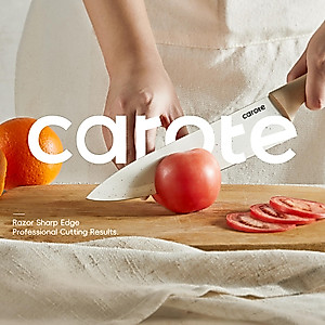 CAROTE 12PCS Knife set with Blade Guards,Granite Nonstick Ceramic Coating,Stainless Steel blade, Wooden Handle, Essential knife set,White