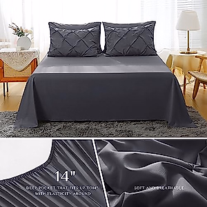 JOLLYVOGUE Bed in a Bag 7-Pieces, Dark Grey Queen/Full Comforter Set for All Season, Pintuck Bedding Sets with 1 Comforter, 1 Flat Sheet, 1 Fitted Sheet, 2 Pillowcases & 2 PillowShams