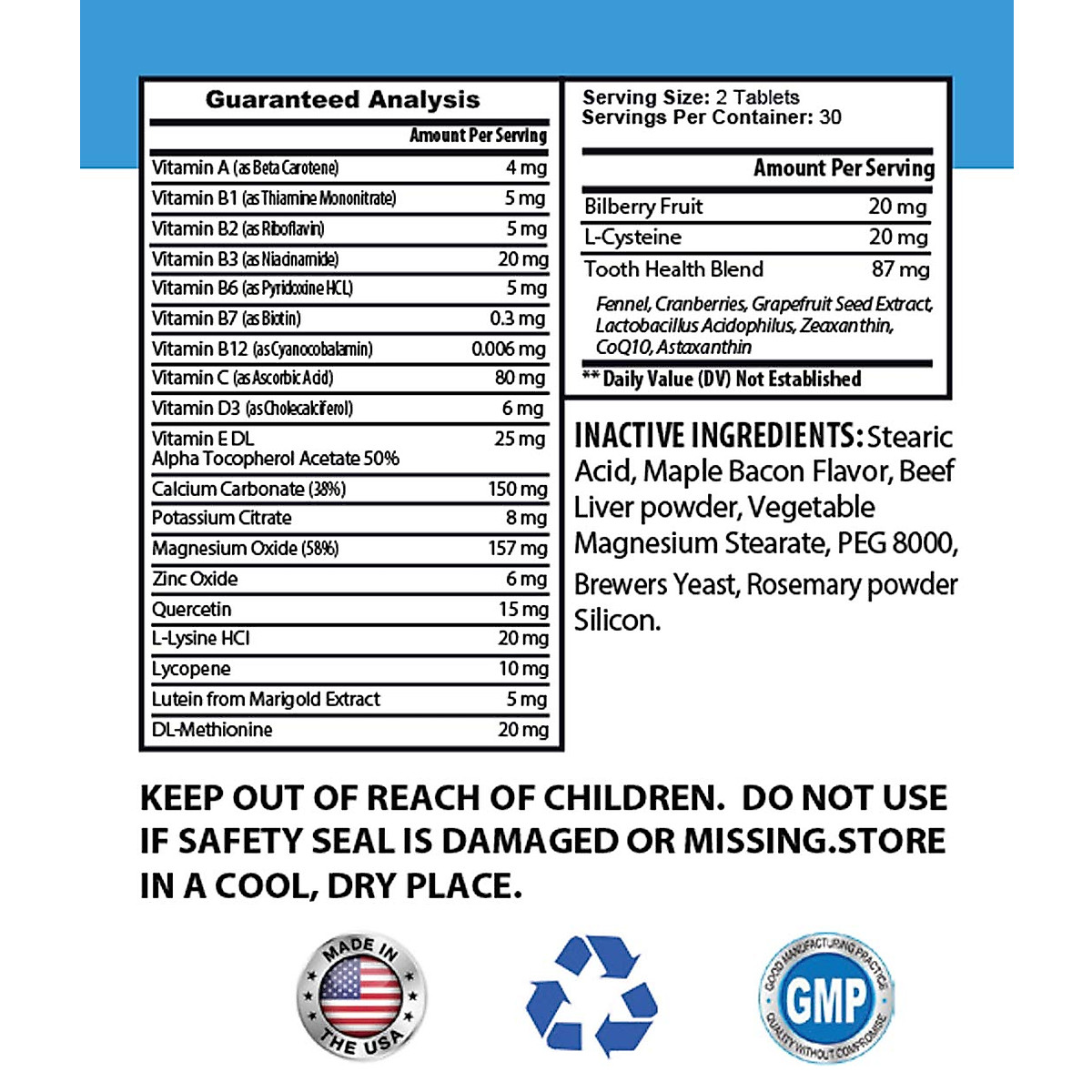 cat Dental Care Treats - Pets Premium Teeth Health for Dogs and Cats - Oral Gum Teeth Complex Support - Vitamin Supplement for Cats - 60 Tablets (1 Bottle)