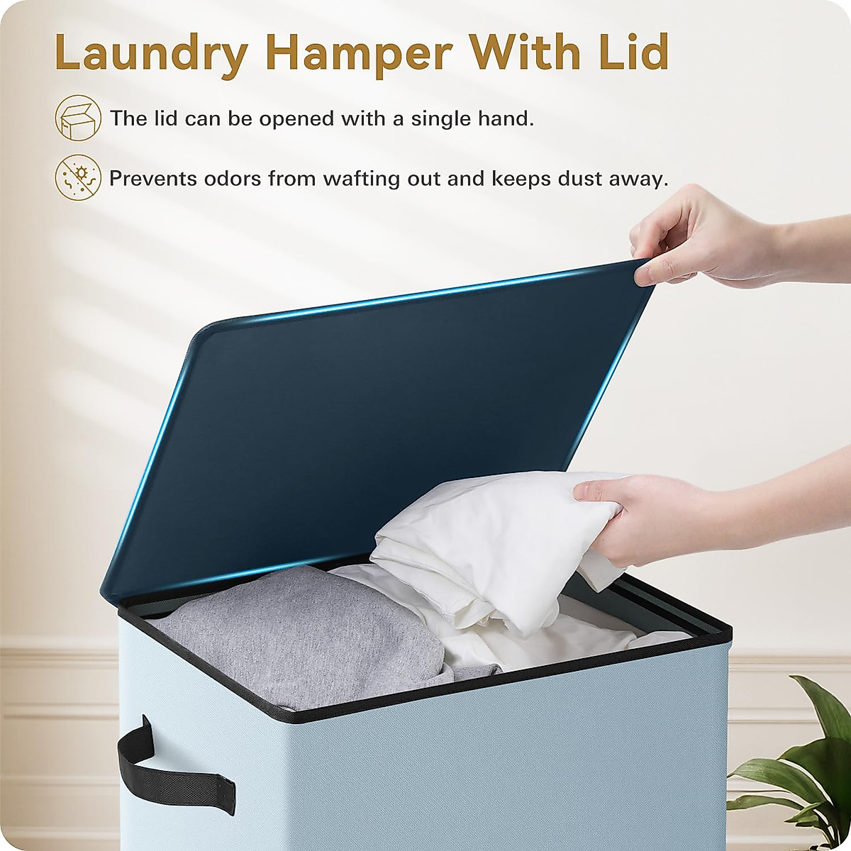 SOLEDI Laundry Hamper with Lid 100L Large & Tall Collapsible Laundry Basket, Clothes Hamper with Bag Removable Easy to Carry, Dirty Hampers for Bedroom, Bathroom, Dorm, College, Blue Grey