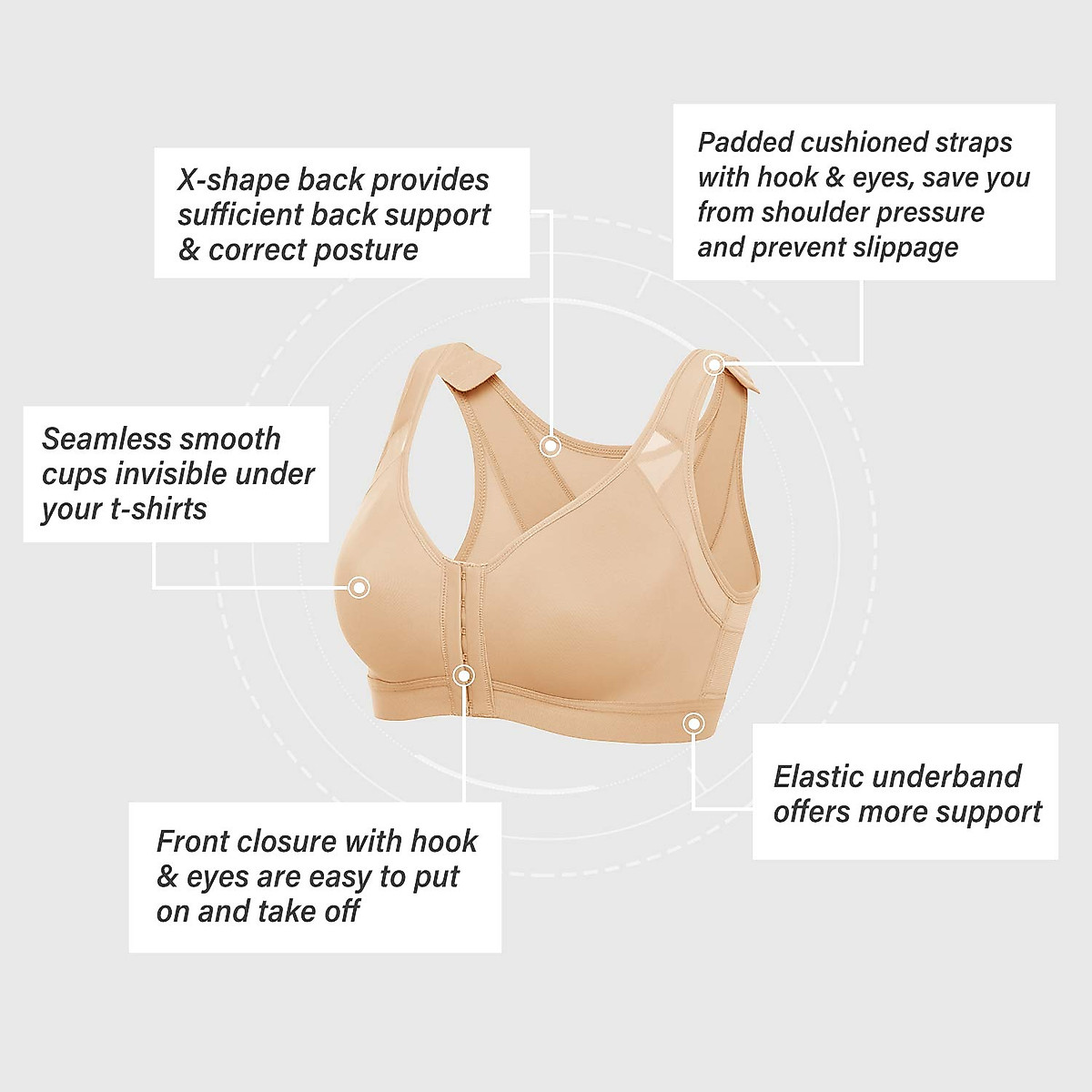 DELIMIRA Women's Front Closure Posture Wireless Back Support Full Coverage Bra Taupe Tan 36B