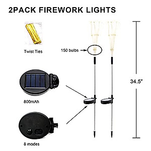NEONLG 150 LED 8 Modes Solar Firework Lights, Outdoor Garden Waterproof Fireworks Lamps for Walkway Pathway Backyard Lawn Landscape, 2 Pack Vibrant Tree Decorative Stick String Light, Warm White