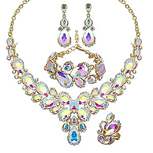 QYJ Women’s Wedding Bridal Austrian Crystal Glass Teardrop Statement Necklace Dangle Earrings Bracelet Ring Wedding Party Jewelry Set for Bridal Bridesmaid (AB Crystal-Gold Plated)