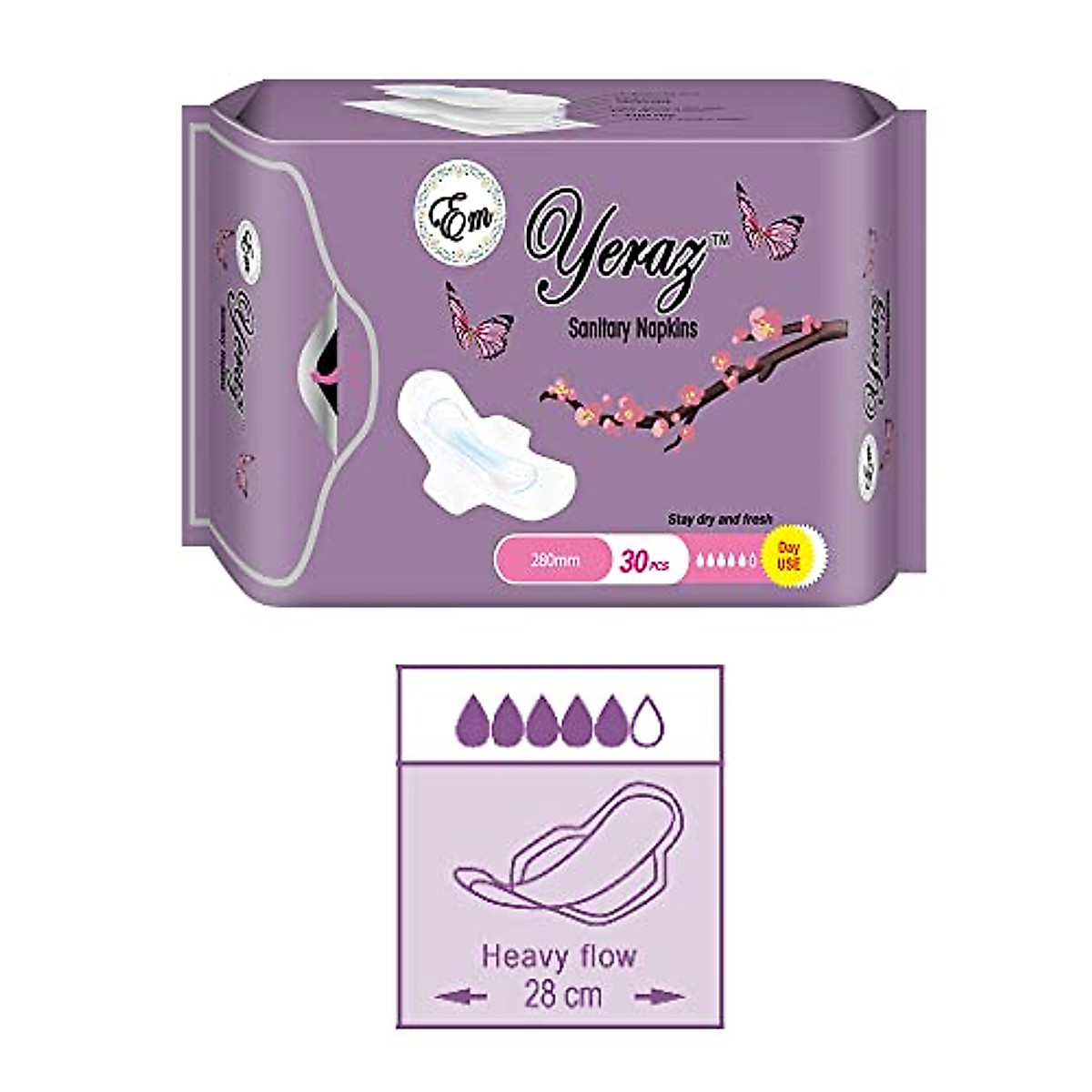 Em Yeraz Women Sanitary Pads, Ultra-Thin, Fast Absorbency with Wings, Size 5, 30 Count, Day use