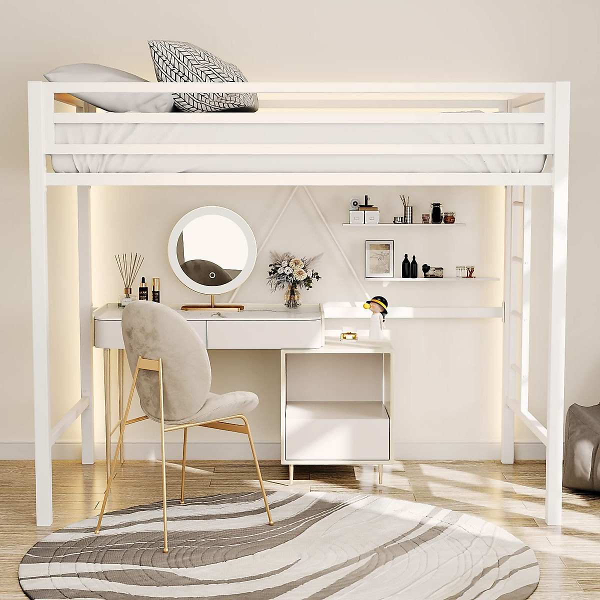 ikalido Twin Size Loft Bed, Multifunctional Metal Twin Bed with Safety Guard & Removable Ladder, Space-Saving Bed Frame for Small Bedroom, Matte White