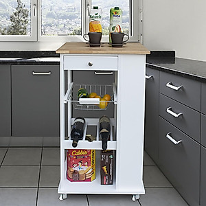 Kitchen Island Cart with Wood Top, Mobile Carts with Storage Shelf, Rolling Kitchen Table with Spice Rack, Service Cart Bar Table with Wine Rack, Small Basket and Drawer, Portable Islands on Wheels
