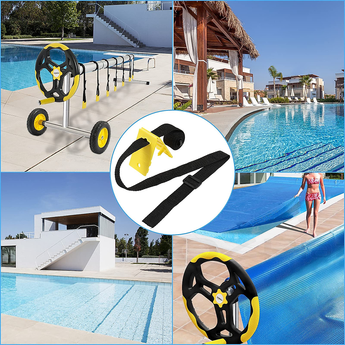 VINGLI Pool Cover Reel Set Pool Reel Embedded Straps with Clips, Pool Solar Cover Reel Attachment Kit,Including 8 Adhesive Nylon Straps, 12 Cord Plates,8 Buckles for In-ground Swimming Pool