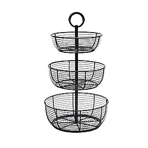 Gourmet Basics by Mikasa Round Wrap 3-Tier Metal Floor Standing Fruit/Home Storage Basket, Easy Assembly, Antique Black
