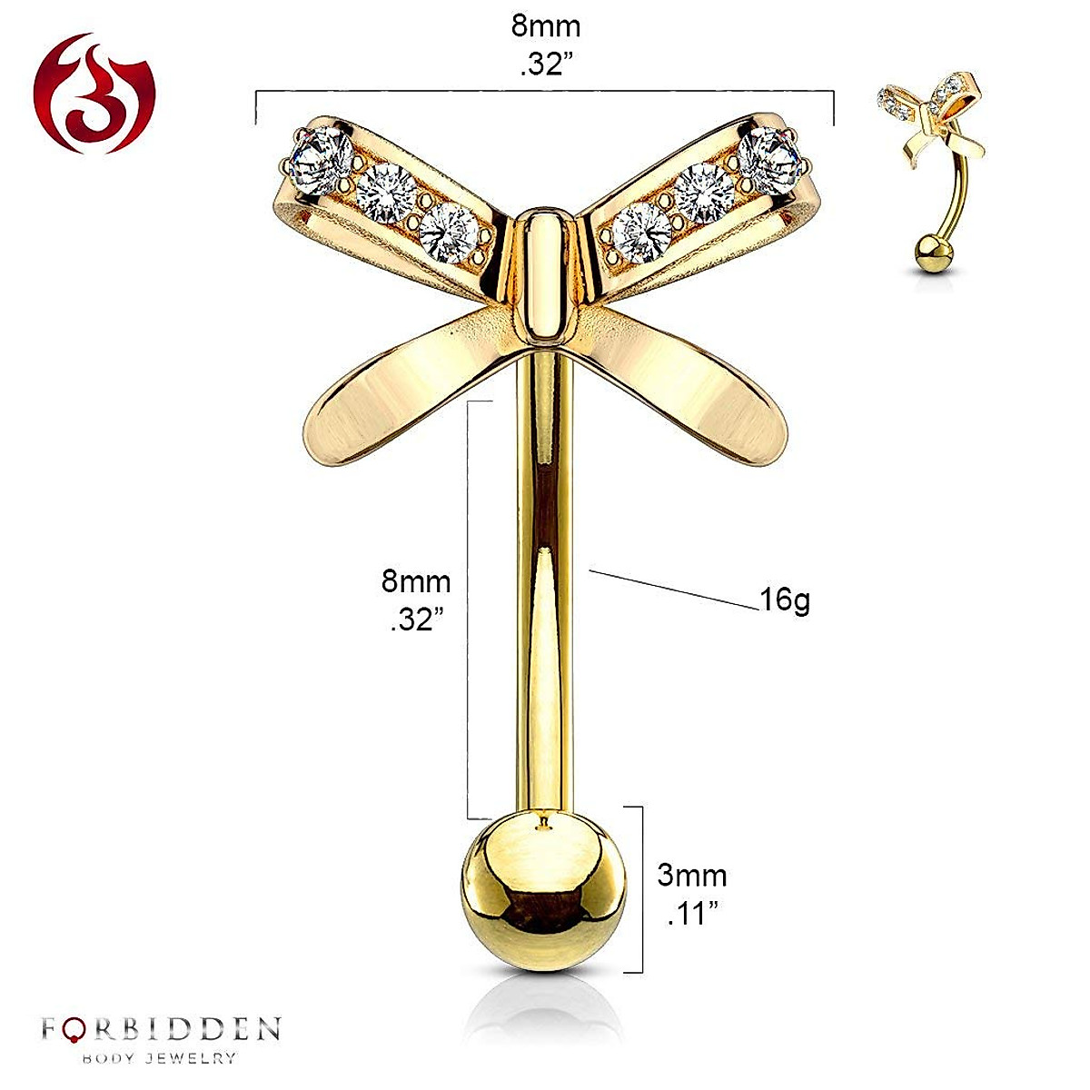 Forbidden Body Jewelry 16g 8mm Curved Barbell for Daith, Eyebrow, Rook & Belly Button with CZ Ribbon Tied Top, Clear/Gold Tone
