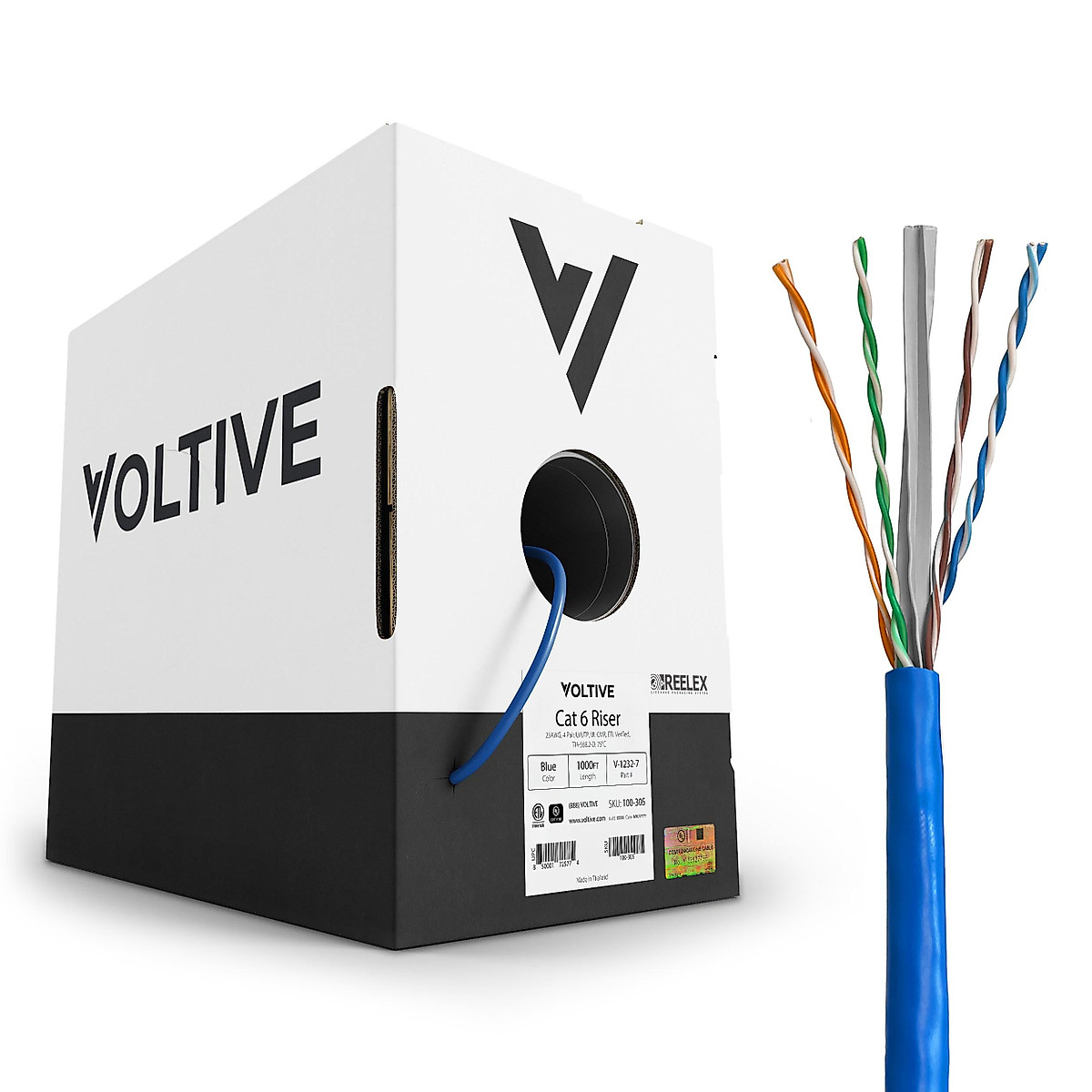 Voltive Cat6 Riser (CMR), 1000ft, Blue - Solid Bare Copper Bulk Ethernet Cable - UTP - 600MHz - UL Certified & ETL Verified