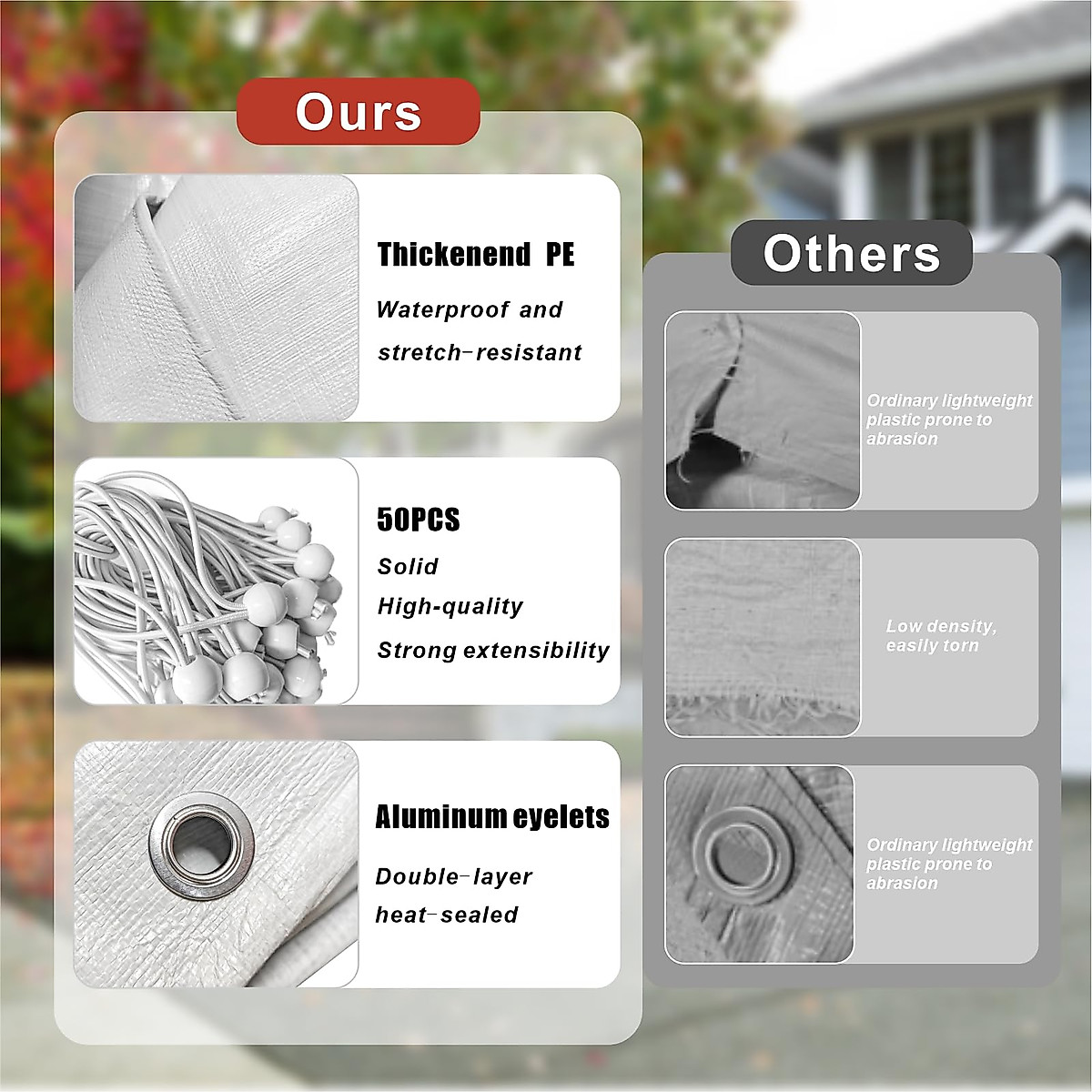 Eunika 10 x 20 Ft Carport Replacement Canopy Cover Garage Car Top Tent 180G PE Fabric Shelter Tarp Tent with 50 Ball Bungee Cords, Waterproof & UV Protected (Only Cover, Frame Not Include), White