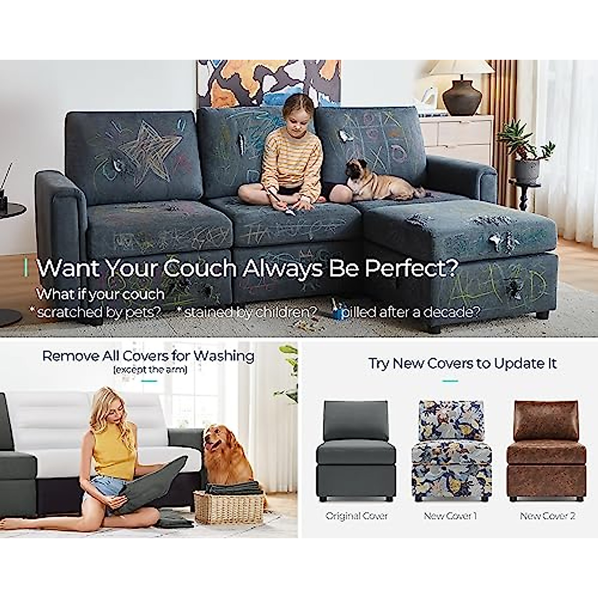 LINSY HOME Convertible Sectional Couch, L Shaped Sofa Couch with Storage, Modular Sofa with Memory Foam, Ottomans, 5 Seat Sofa Corner Sofa with Chaise for Living Room, Dark Grey