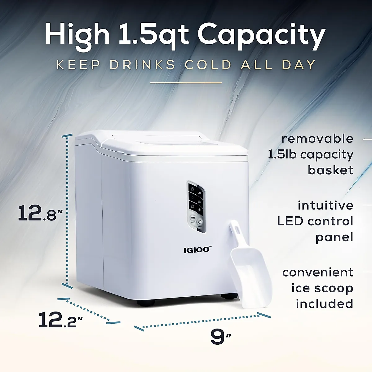 Igloo Automatic Ice Maker, Self- Cleaning, Countertop Size, 26 Pounds in 24 Hours, 9 Large or Small Ice Cubes in 7 Minutes, LED Control Panel, Scoop Included, Perfect for Water Bottles, Mixed Drinks