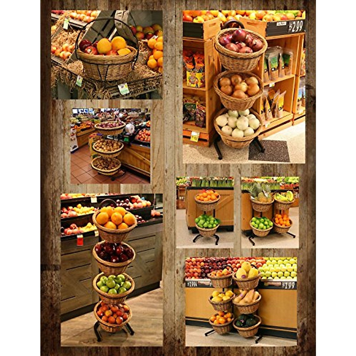 Mobile Merchandisers K1430-4B-MB 4-Tier 4 Round Willow Basket Display with Sign Frame and Sign Clips