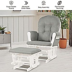 Costzon Glider and Ottoman Set, Wood Glider Rocker for Nursery, Upholstered Comfort Nursing Rocking Chair with Storage Pocket, Padded Armrests & Detachable Cushion, Easy to Assemble (Light Gray)
