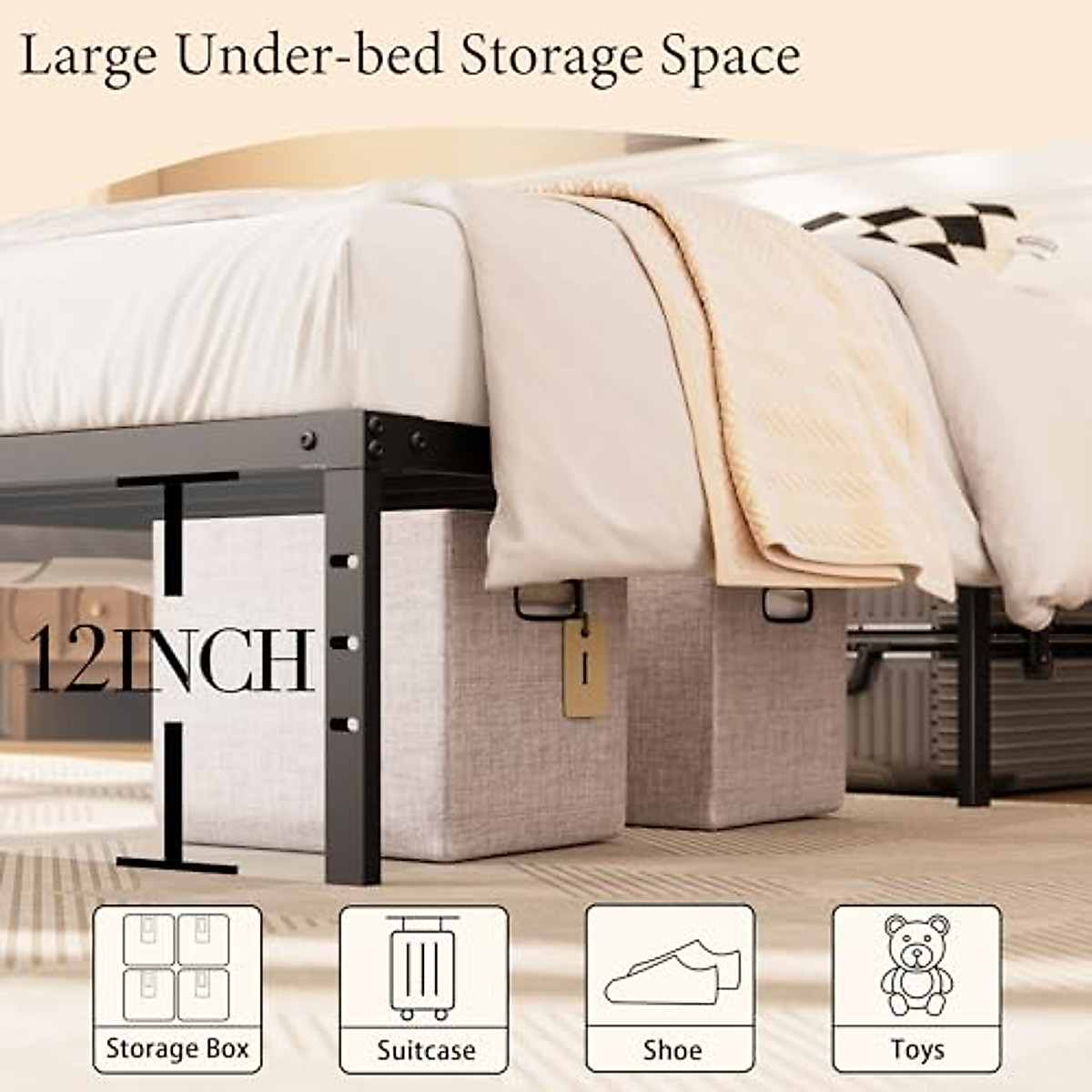 Jebosam King Size Bed Frame 14 inch Heavy Duty Steel Support 2500 lbs Bed Frame King No Box Spring Needed Easy to Assemble Non-Slip Noise Free Black Metal Bed Frame King Size