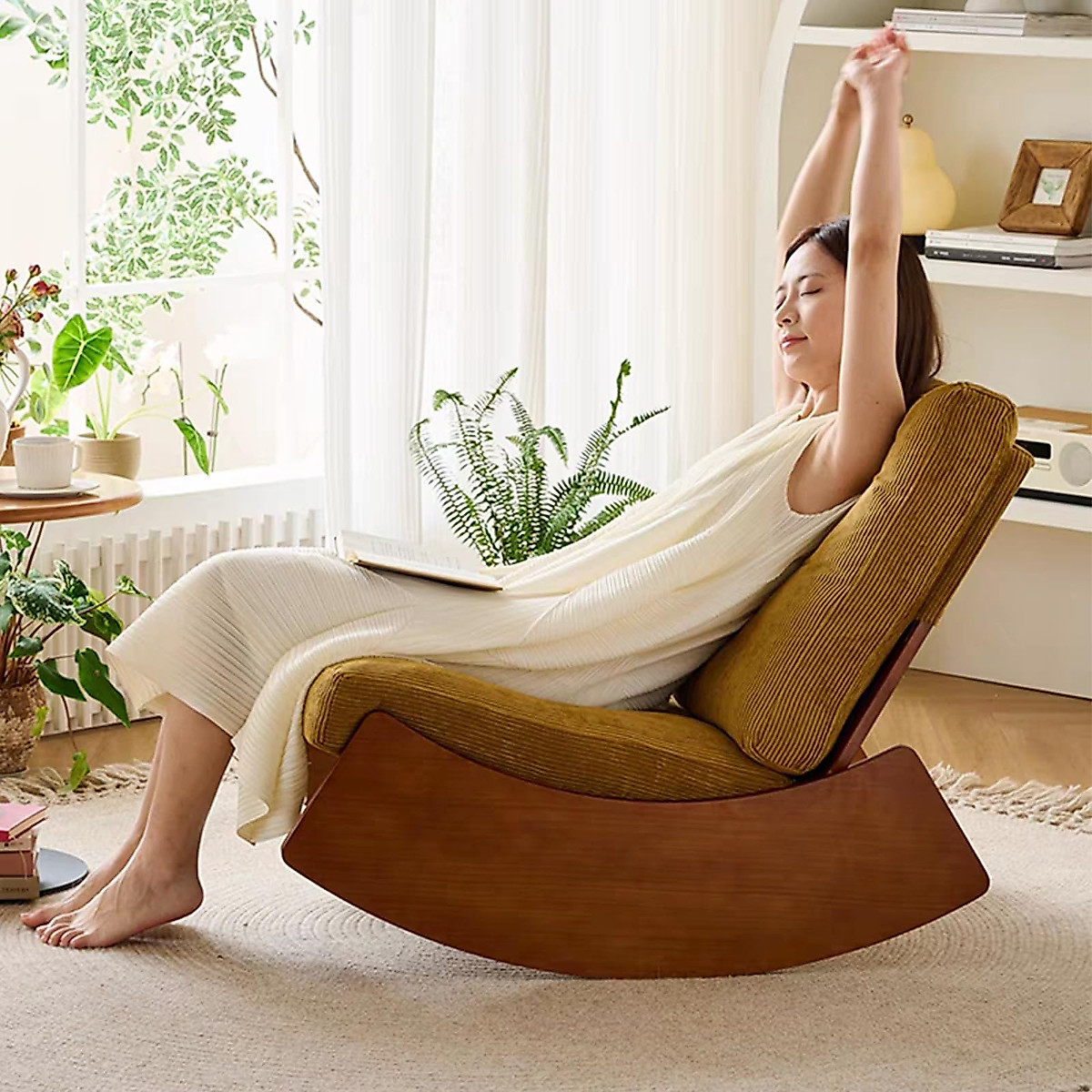 NRNQMTFZ Modern Rocking Chair with High Backrest,Teddy Fabric Rocker Glider Chair,Upholstered Plush Seating Glider, for Patio, Backyard, Balcony, Porch(Off White)