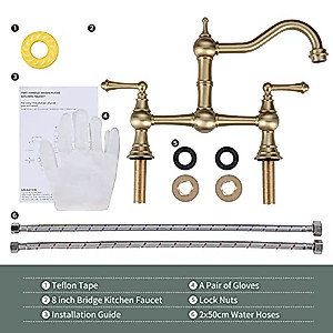 WOWOW Gold Bridge Kitchen Faucet 2 Hole Antique Brass Bridge Faucet 2 Handle 8 Inch Centerset Farmhouse Kitchen Sink Faucet 360° Swivel Vintage Tap