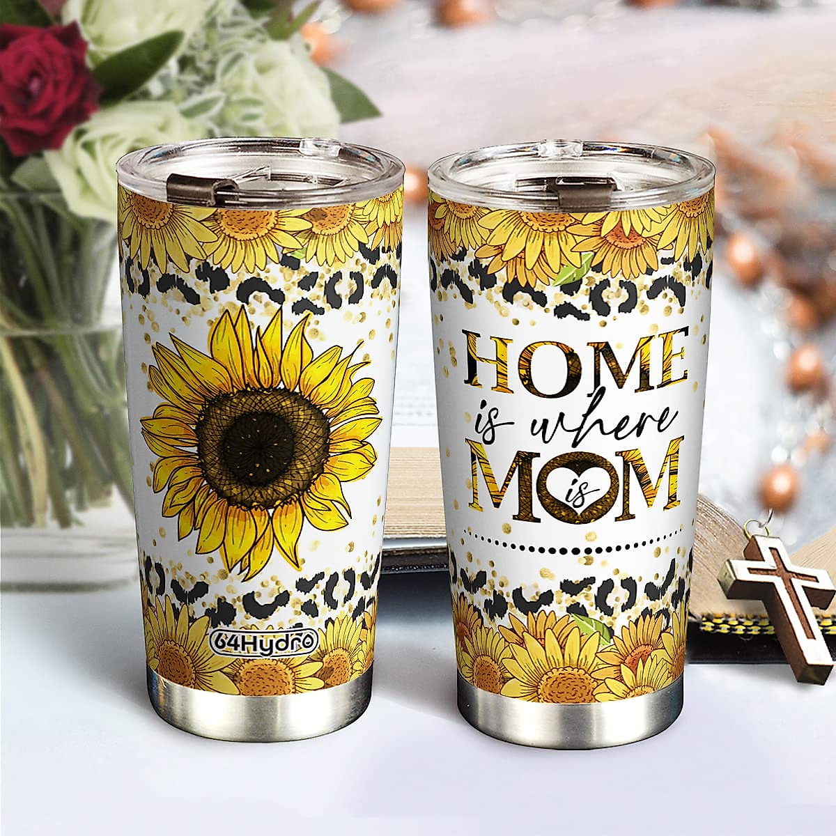 20oz Sunflower Mom Tumbler, Home is where Mom is, Grandma, Mother Gifts, Coffee Thermos for Women, Stainless Steel Double Wall Vacuum Insulated Coffee Mug, Travel Cup with Lid